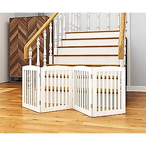 PAWLAND Wooden Freestanding Foldable Pet Gate for Dogs, 24 inch 4 Panels Step Over Fence, Dog Gate for The House, Doorway, Stairs, Extra Wide (White, 24" Height-4 Panels)