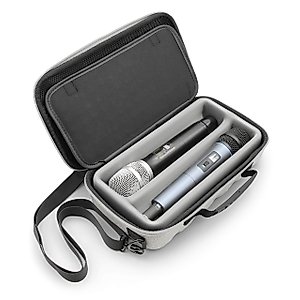 CASEMATIX Dual Wireless Microphone Case for Wireless Mic System Compatible with Sennhesier, Shure Microphones and More, Dual Mic Bag with Shoulder Strap and Hard Shell Gray Exterior