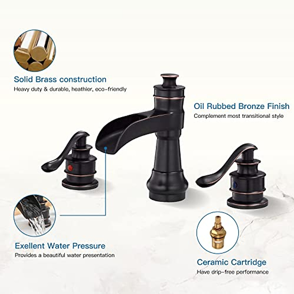 BWE Waterfall Widespread Bathroom Faucet 3 Hole Oil Rubbed Bronze Farmhouse 8 Inch Pop Up Drain Stopper Assembly Overflow Supply Line Lead-Free Faucets Parts Two Handle Bath Vanity Lavatory Sink