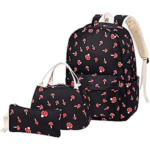 FEWOFJ Mushroom School Backpack for Teen Girls, Bookbag with Lunch Box and Pencil Case