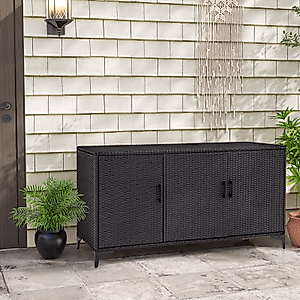 RELAX4LIFE 84-Gallon Outdoor Storage Box - Wicker Rattan 3-Door Patio Storage Cabinet Container w/Removable Shelves for Cushions, Garden Tools, Pool & Sports Equipment, Indoor Outdoor Deck Box (Black)