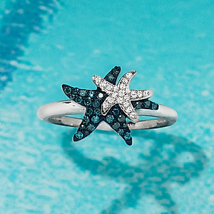 Ross-Simons 0.25 ct. t.w. Blue and White Diamond Starfish Ring in Sterling Silver. Size 8