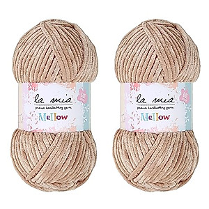 2 Skein La Mia Mellow Velvet Chenille Yarn for Knitting and Crocheting Baby Clothes, Blankets and Accessories, 100% Polyester, 100 gr (3.5 oz) / 115 m (125 Yards), Super Bulky, Beige - 908