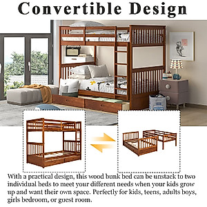 Harper & Bright Designs Twin Over Twin Bunk Beds with 2 Storage Drawers, Solid Wood Convertible Bunk Beds, Kids Twin Bunk Beds with Ladder, Safety Rail for Girls Boys Teens Adults,Walnut