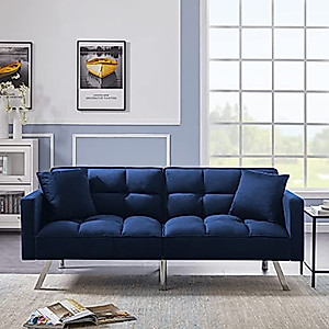 Velvet Futon Sofa Bed with Two Pillows, Convertible Sleeper Sofa Couch with 3 Angle Adjustable Backrest, Modern Loveseat with 6 Metal Legs for Living Room, Bedroom (Blue)