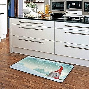 Christmas Gnome Standing Snowfall Winter Kitchen Rugs Non-Slip Kitchen Mats Bath Runner Rug Doormats Area Mat Rugs Carpet for Home Decor 39" X 20"