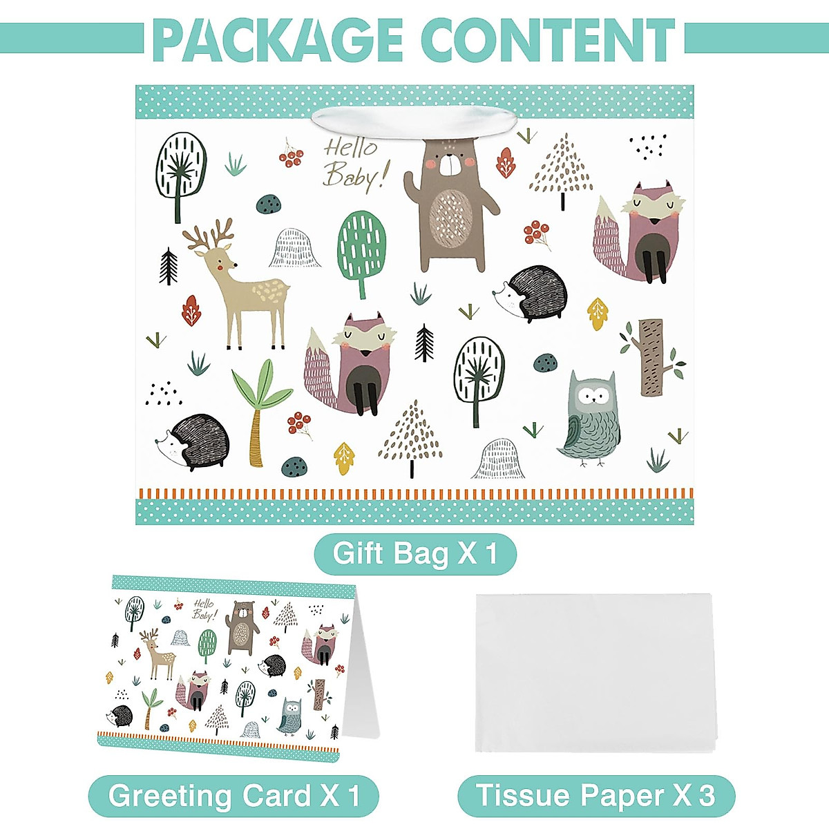 13" Large Baby Gift Bag with Card and Tissue Paper for Baby Shower,Kids Birthday (Woodland Animal)