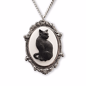 Real Metal Black Cat Cameo in Antique Silver Finish Pewter Frame Pendant Necklace