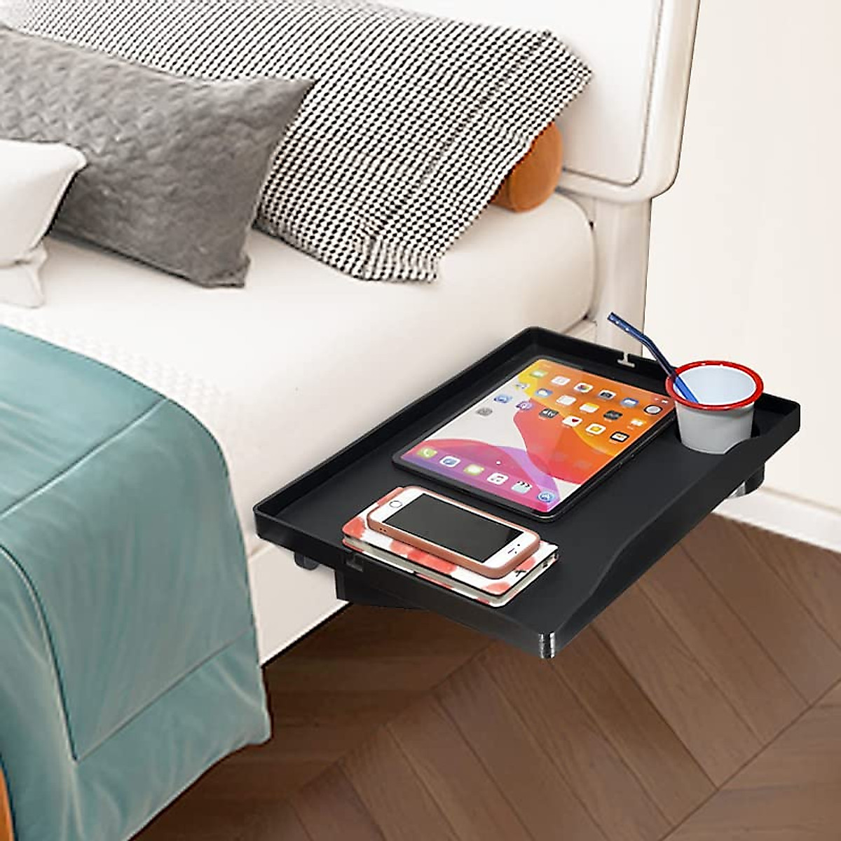 Bedside Shelf, Bunk Bed Shelf Organizer for Top Bunk Dorm Clip On Nightstand with Cup Holder Hooks Hanging Cup Plastic Bedside Shelf Tray for Kids for Bed College Dorm Room Essentials