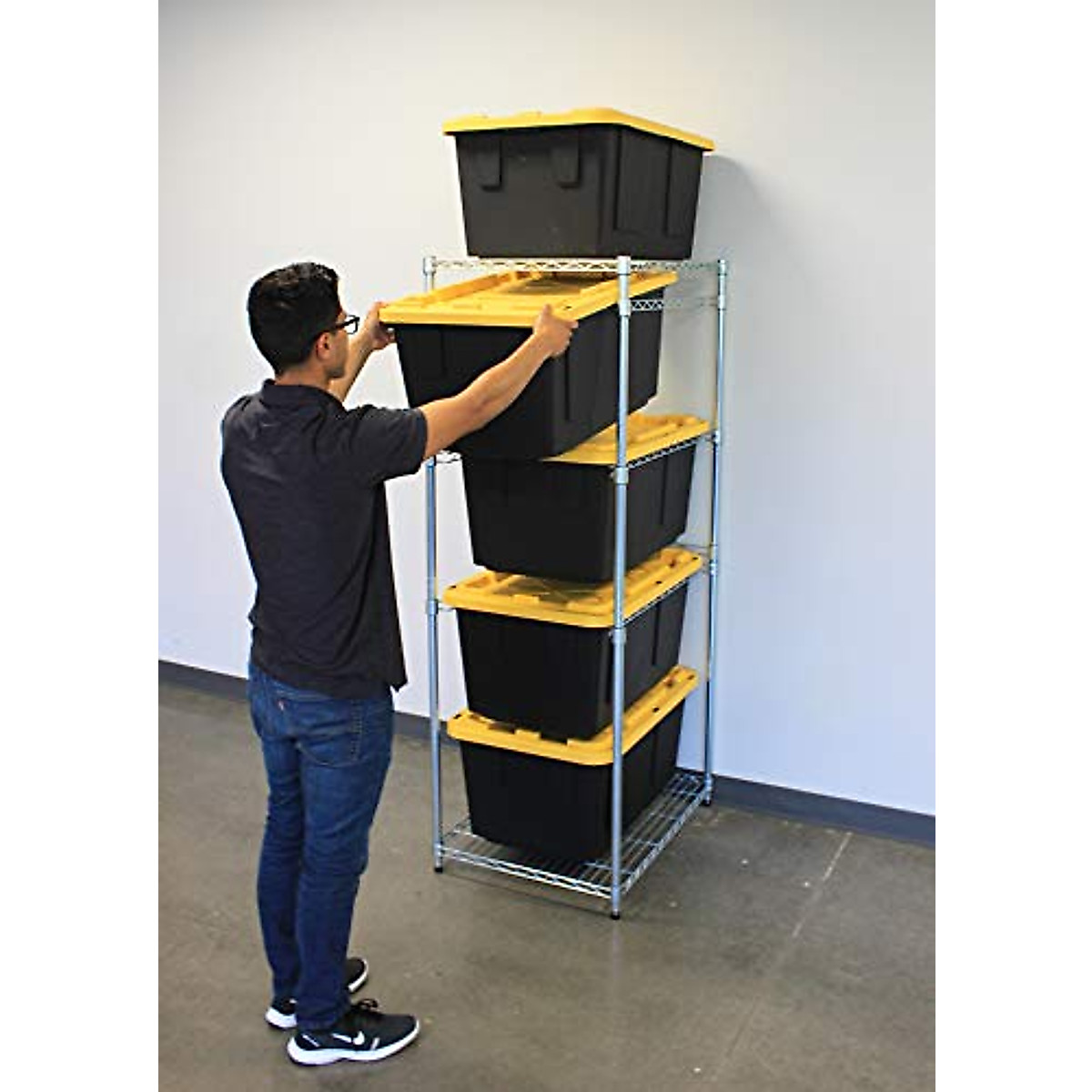 MonsterRAX Bin Rack with (5-Pack) 27 Gallon Storage Totes (Yellow Lid, Black Bin), Stackable, and Lockable