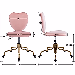 HNY Hi&Yeah Velvet Cute Desk Chair with Wheels, Comfortable Armless Home Office Chairs Heart Backrest, Adjustable Height Upholstered Swivel Accent Vanity Chair, Pink