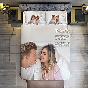 Custom Bedding Set with Photo Text Logo Custom Comforter Set Custom Bedding 3pcs Sets Bedding Cover Set Customized Duvet Cover Set for Family Kids Couples Birthday (1 Comforter and 2 Pillowcases)