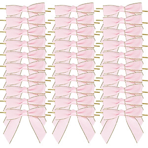 AIMUDI Pink Twist Tie Bows for Treat Bags 3.5" Premade Pink and Gold Bows for Crafts Pre-Tied Pink Bows for Baby Shower, Cello Bags, Wedding Favors, Gift Wrapping, Party Decorations, 50 Counts