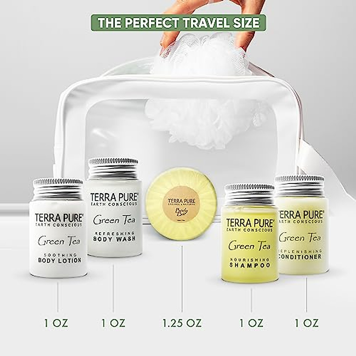 Terra Pure Hotel Soaps and Toiletries Bulk Set | 1-Shoppe All-In-Kit Amenities for Hotels | 1oz Hotel Shampoo & Conditioner, Body Wash, Body Lotion & 1.25oz Bar Soap Travel Size Toiletries | 75 Pieces