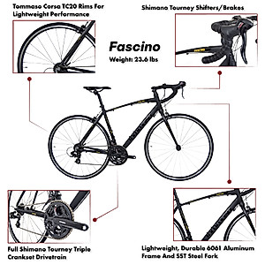 Tommaso Fascino - Sport Performance Aluminum Road Bike, Shimano Tourney 21 Speeds Road Bicycle Men Road Bikes for Men Bike Men Women Sport Bike Speed Bike Racing Bike Adult Bike City Bike- Large 58cm