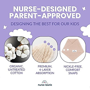 Nurse Laurie Organic Muslin Bandana Bibs - Neutral & Unisex Boho Baby Style with 100% Organic Cotton, Snap Closure, 0-6 mo - Drool/Spit Up Burpy Bib for Teething Newborns & Infants (8 Pack)