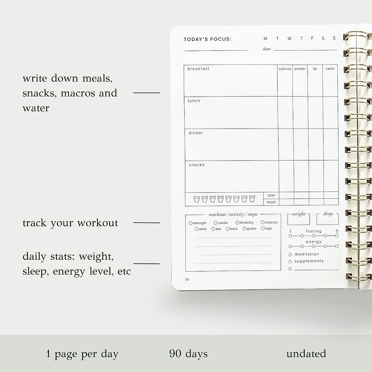 Kunitsa Co. Food and Exercise Journal for Women. Track Meals, Nutrition and Weight Loss - 90 days (Pink) 8.5″ x 6″