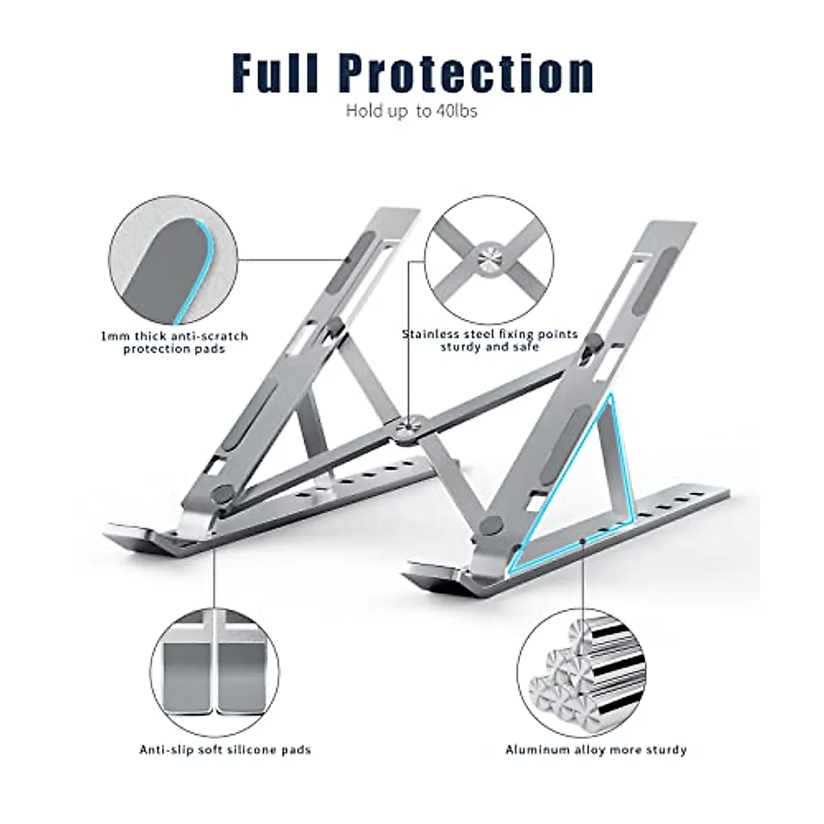 Rrtizan Foldable Laptop Stand for Desk, Ergonomic Computer Stand Adjustable Height Portable Aluminum Notebook Riser Holder, Compatible with MacBook Pro, Air, 9-15.6” Laptops and Tablets (Silver)