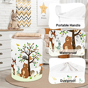 Clastyle 63L Large Woodland Animal Tree Kid Laundry Hamper with Handle for Boy Girl Collapsible Clothes Toy Storage Basket with Lid for Bedroom Bathroom Nursery
