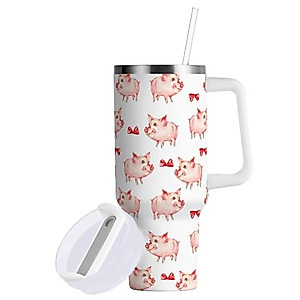 Bseiialft 40 oz Tumbler with Handle Cute Pig Bows Water Bottle with Lid and Straw Vacuum Insulated Cup Stainless Steel Travel Coffee Mug for Home Office Car