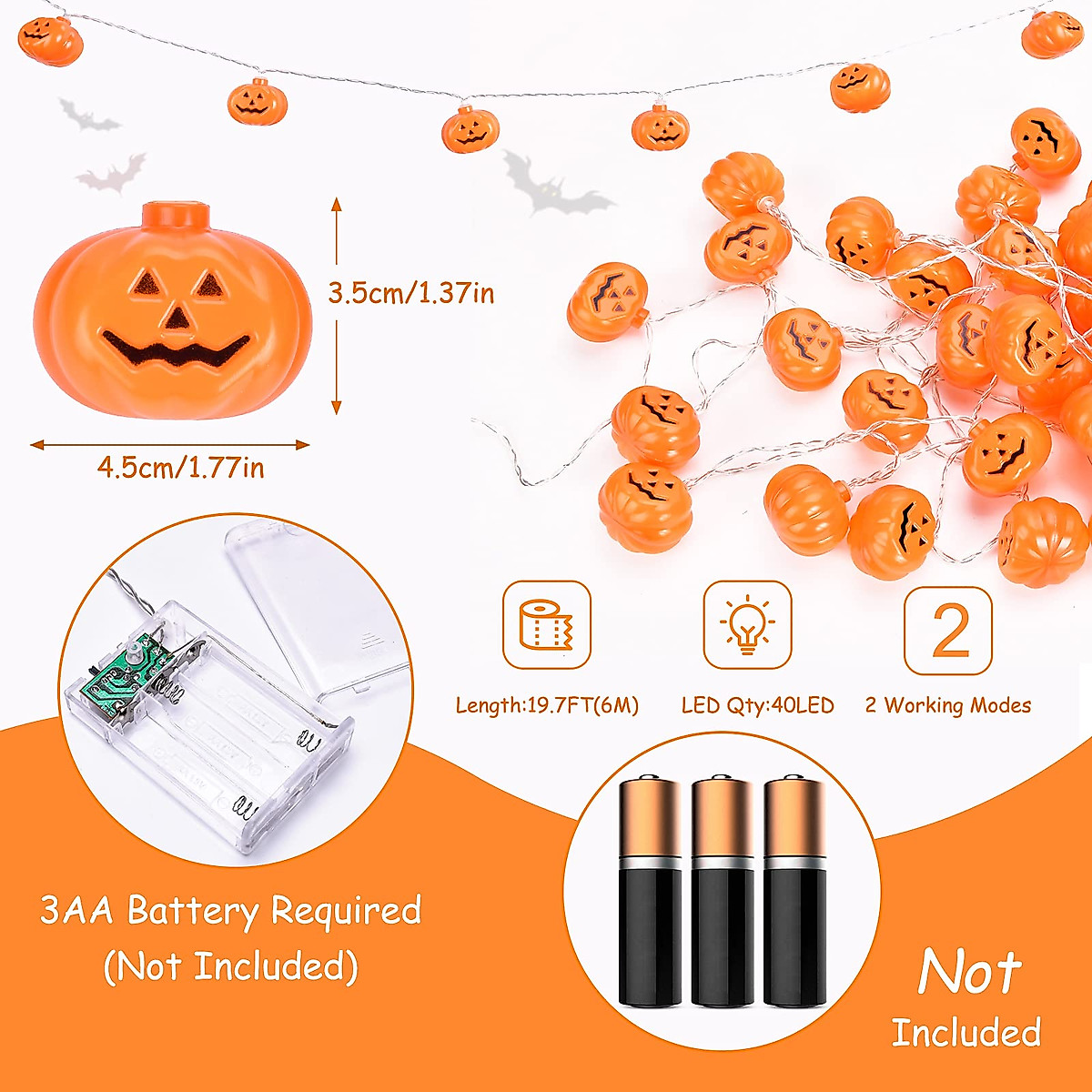 Halloween Decorations 19.7Ft 40 LED Pumpkin String Lights, Halloween Decor Indoor Outdoor Clearance Halloween Lights Battery Operated for Home Garden Yard Decorations Holiday Lights Party Supplies