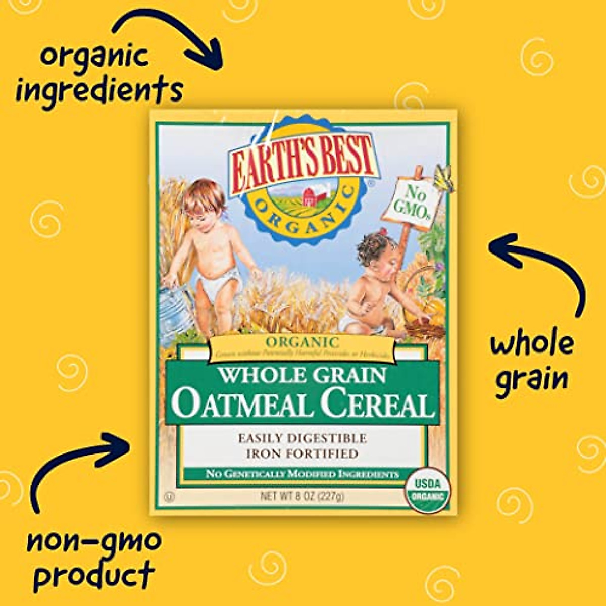 Earth's Best Organic Baby Food, Organic Whole Grain Oatmeal Baby Cereal, Non-GMO, Easily Digestible and Iron Fortified Baby Food, 8 oz Box (Pack of 12)