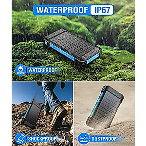 MetFut Solar Power Bank 38800mAh, Solar Charger with Suction Cup Mount Three Modes Flashlight-Steady/SOS/Strobe IPX7 Waterproof/Dustproof/Shockproof External Battery Pack 3 USB Charging Ports(Blue)