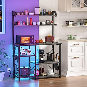 Topfurny Bakers Rack with Power Outlets and Led Lights, Coffee Station, Kitchen Storage Shelf, 7-Tier Microwave Stand Cart Coffee Bar Table Organizer, for Spice, Pots and Pans Organizer, Rustic Brown