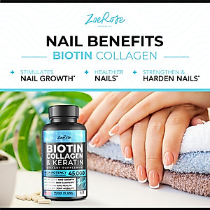ZoeRose Biotin Collagen & Keratin Capsules - Hair, Skin and Nails Vitamins, Collagen Supplements for Hair Growth and Support Joints Mobility with Vitamin A,D, B6 and B12 - Made in USA - 60 Capsules