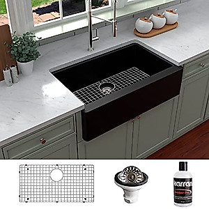 Karran QA-740 Farmhouse/Apron-Front Quartz Composite 34 in. Single Bowl Kitchen Sink Kit in Black