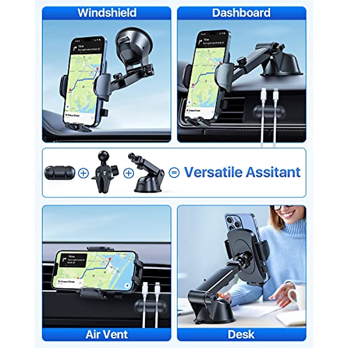 HTU Cell Phone Holder for Car [Upgraded Super Suction & Stable] Handsfree Car Phone Holder Mount Dashboard Windshield Air Vent Car Mount for iPhone 14 13 12 Pro Max Samsung Smartphones & Car Truck