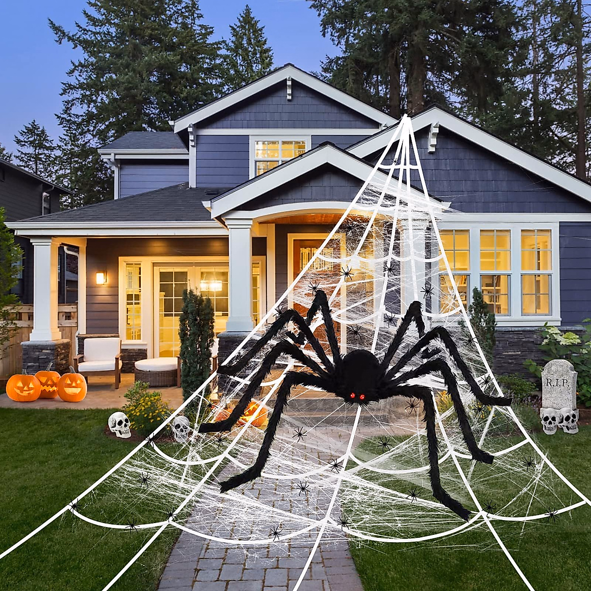 Halloween Spider Webs 16.5ft x15.8ft with 250 LED Purple Lights && 59" Giant Spider,Scary Halloween Outdoor Decors for Party Garden Home Costumes Yard Haunted House