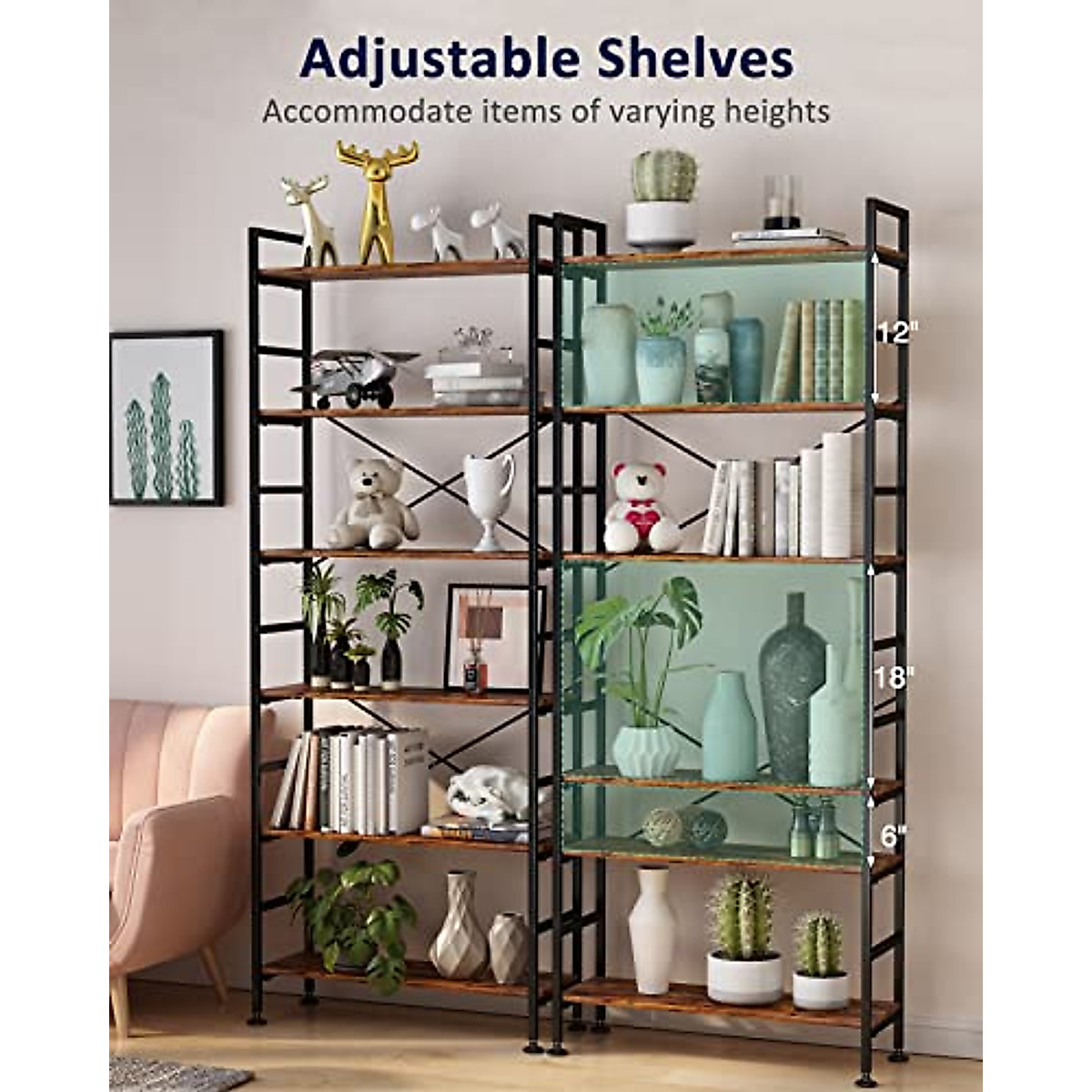 CosyStar 6-Tier Adjustable Tall Bookcase, Rustic Wood and Metal Standing Bookshelf, Industrial Vintage Book Shelf Unit, Open Back Modern Office Bookcases