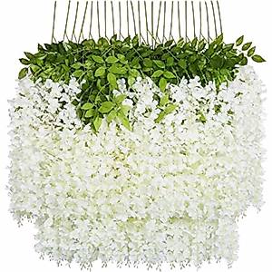 EZFLOWERY 12 Pack 3.6 Feet Artificial Wisteria Vine Hanging Rattan Garland Silk Flower for Wedding Party Home Garden Outdoor Ceremony Floral Décor (12, White)