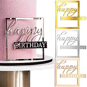 Mirror Acrylic Happy Birthday Cake Toppers Happy Birthday Cupcake Topper Hollow Frame Side Cake Topper Cake Decorations Cake Inserts Cake Decor Happy Birthday Decorations Cake Decorating Supplies,3pcs