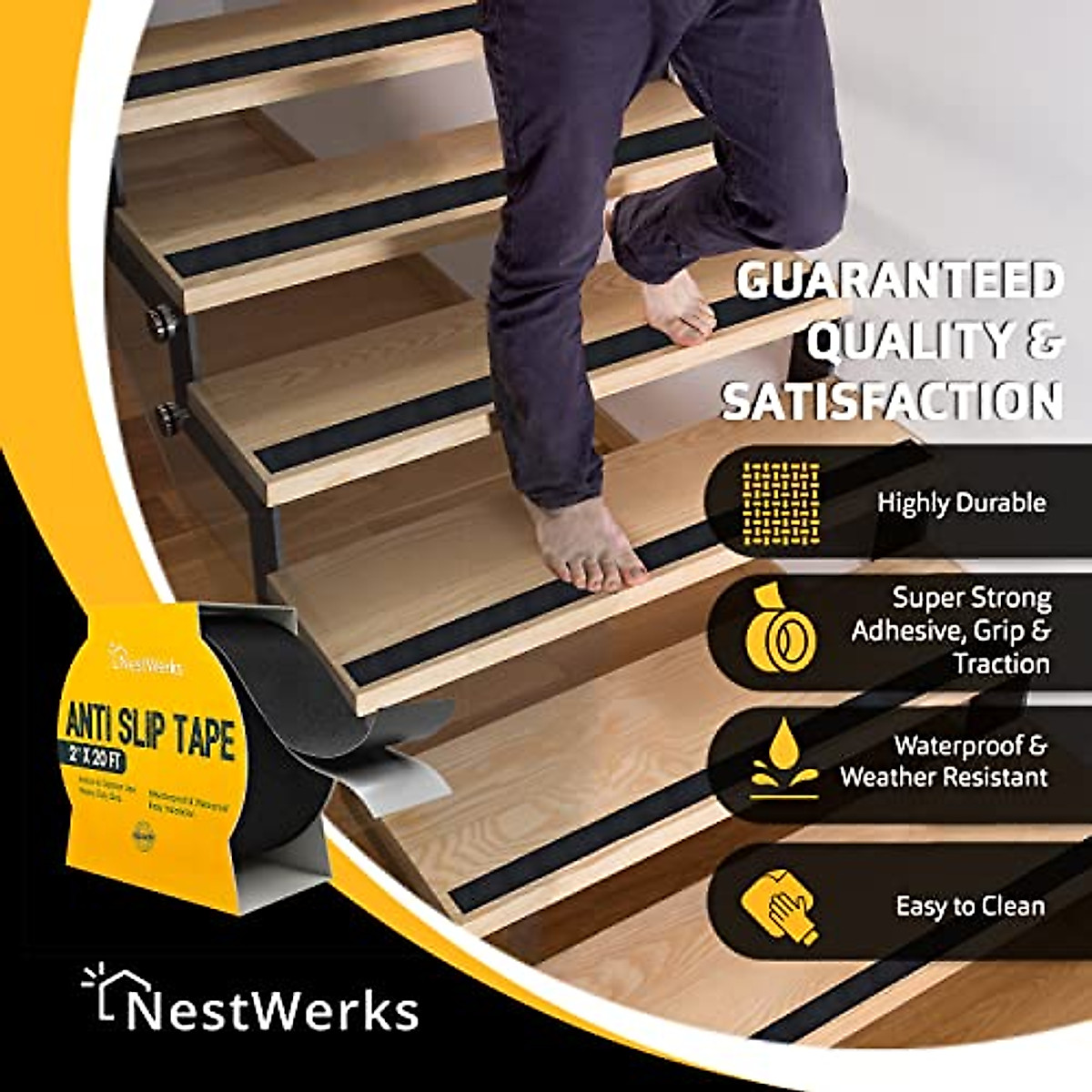 NESTWERKS Heavy Duty Grip Tape for Stairs, Anti Slip Tape for Steps, Waterproof High Traction Tape for Indoor/Outdoor - Non Slip Tape Outdoor Stair Treads, Friction Tape for Ramps, 2" x20ft