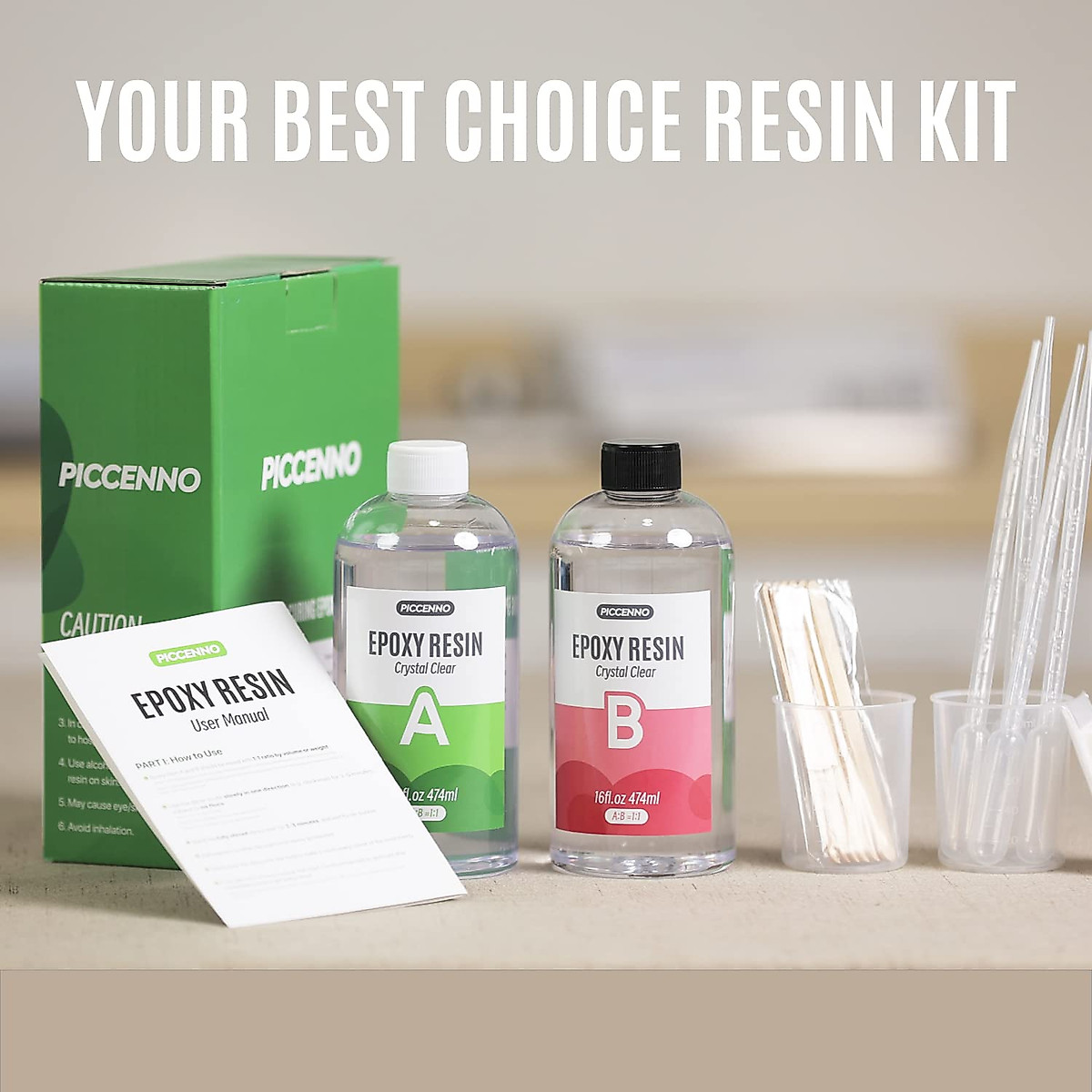 32OZ Epoxy Resin Kit, Crystal Clear Epoxy Resin Including 16OZ Resin and 16OZ Hardener, Bubbles Free Table Top Casting Resin for DIY Art, Jewelry, Crafts, Coating