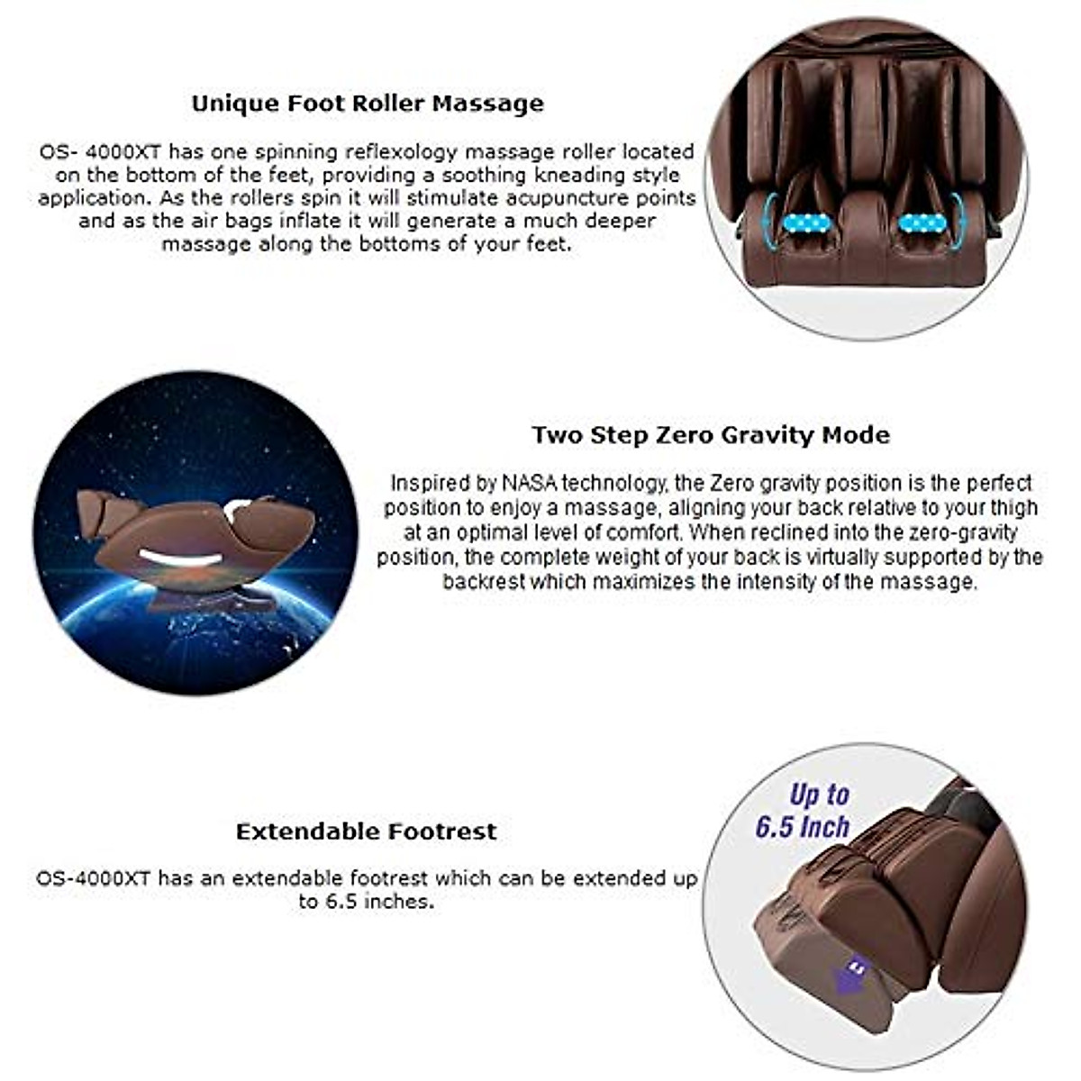 Osaki OS-4000XT B Massage Chair with LED Light Control, Brown, Ache Sensor, L-Track Massage, 2-Step Zero Gravity Mode, 6 Massage Styles, 6 Auto Massage Programs, Space Saving Technology