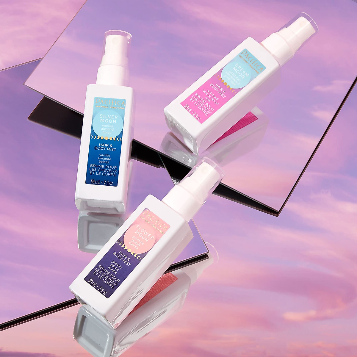 Pacifica Moon Moods Hair Perfume & Body Fragrance Spray Mist Trial Set – Dream, Flower & Silver Moon – Sampler Discovery Gift Pack – Travel-Size, Vegan & Cruelty-Free, 2 oz each (Pack of 3)