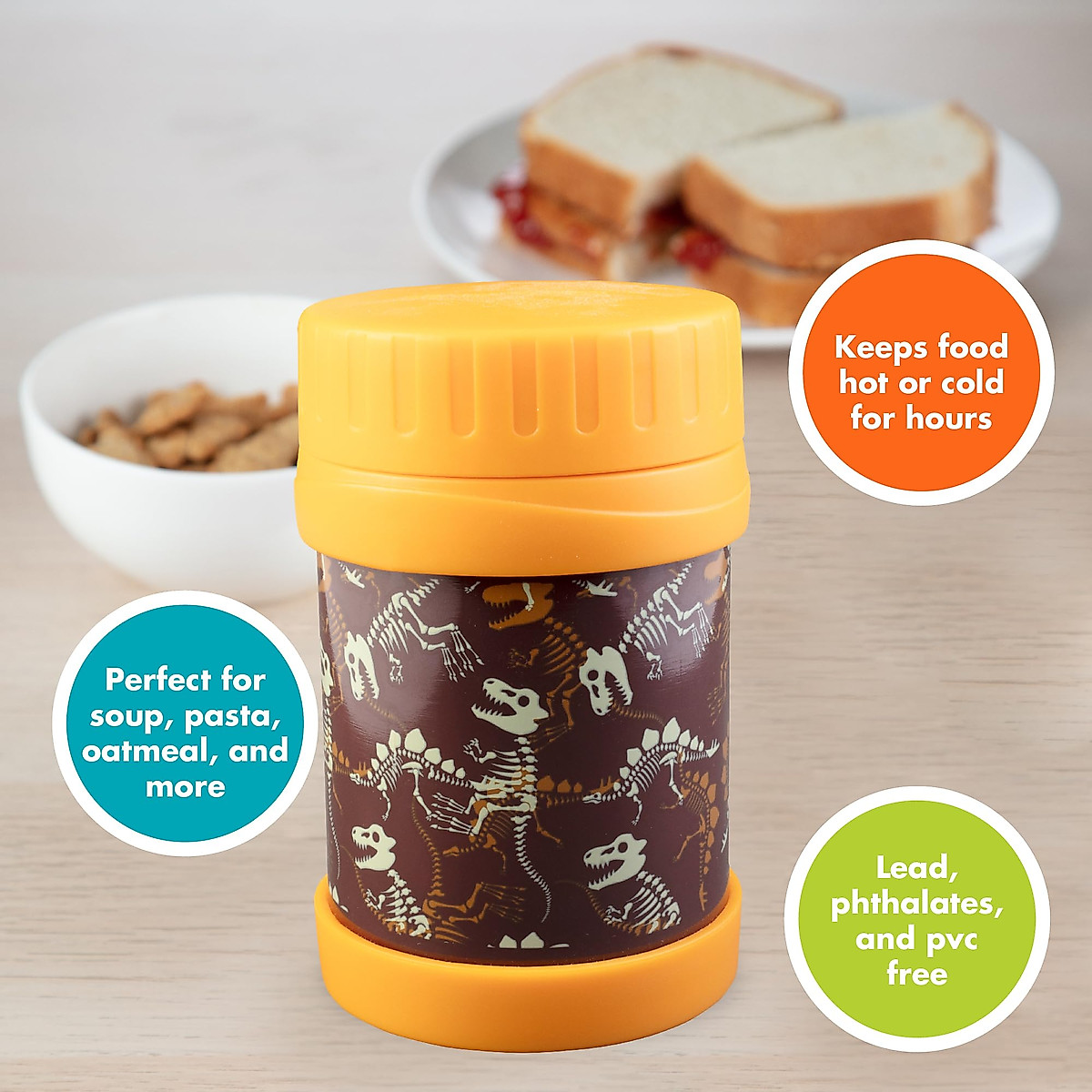 Bentology Stainless Steel Insulated Lunch 13oz Jar for Kids - Dinosaur Fossils - Large Leak-Proof Storage Jar for Hot/Cold Food, Soups, Liquids - BPA Free - Fits Most Lunch Boxes and Bags