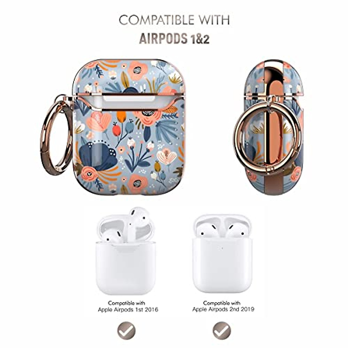 wenew Protective Airpods Case Cover Designed for Apple Airpods 2 & 1, Cute Fadeless Patterns Shockproof Hard Case Cover with Portable Keychain Clip for Girls Kids Women Men (Blue)