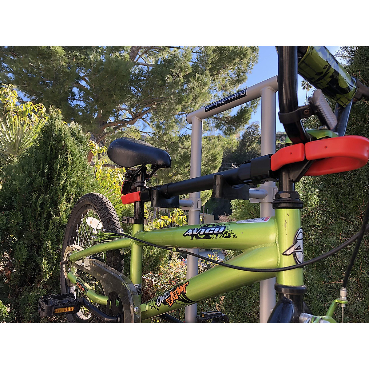 SPAREHAND Universal Adjustable Bike Frame Adapter for Rack Storage, Women's Bikes. Red Ends