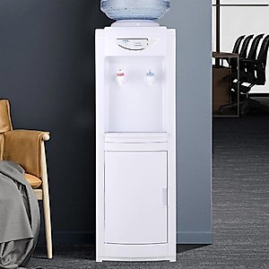 Hot & Cold Top Loading Water Dispenser, 3/5 Gallons Water Cooler with 2 Temperature Settings, Child Safety Lock & Storage Cabinet, Water Cooler Dispenser for Home,Office, Dormitory (White, Vertical)