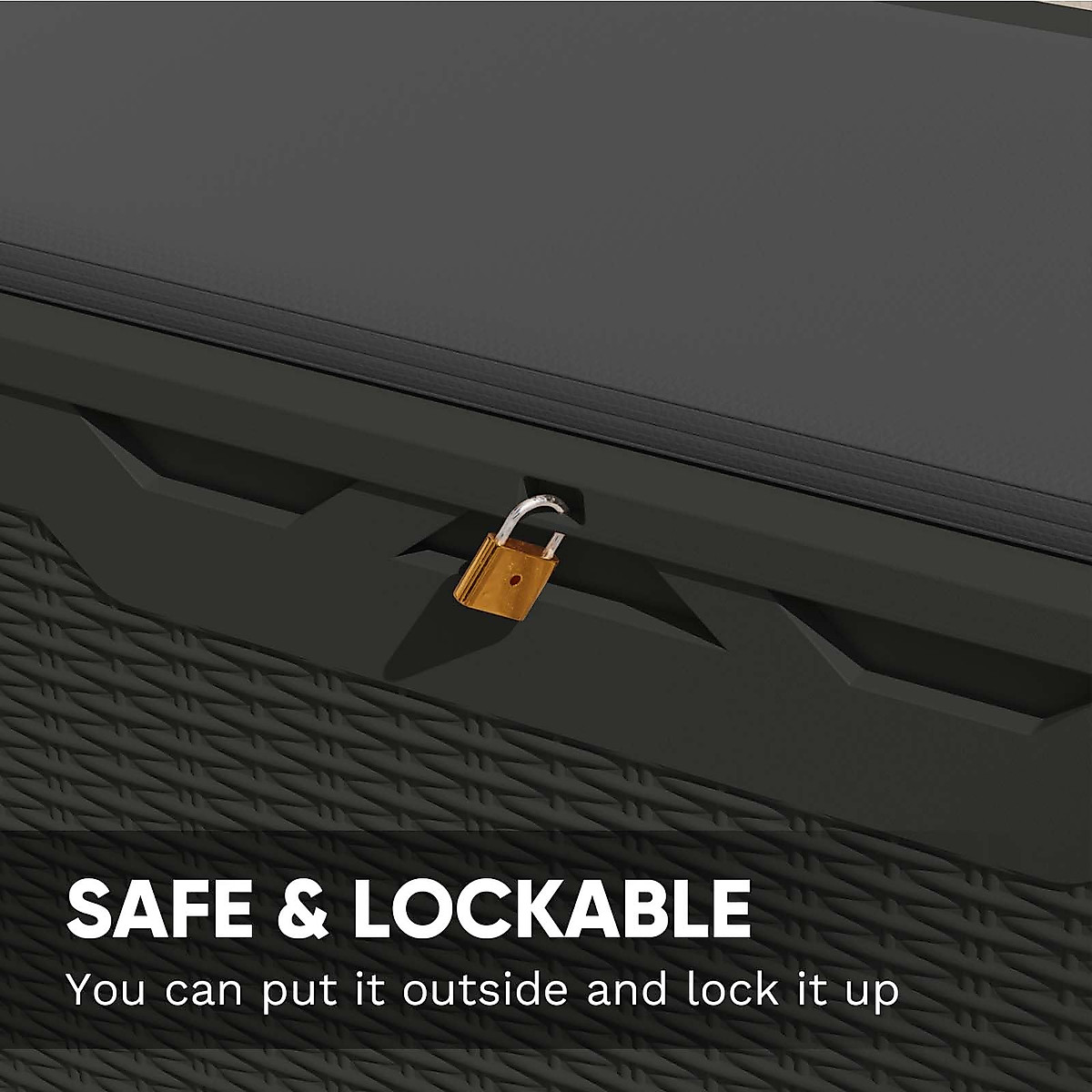 Patiowell 100 Gallon Resin Deck Box with cushion, Waterproof Large Outdoor Storage Box for Patio Furniture and Garden Tools, Black