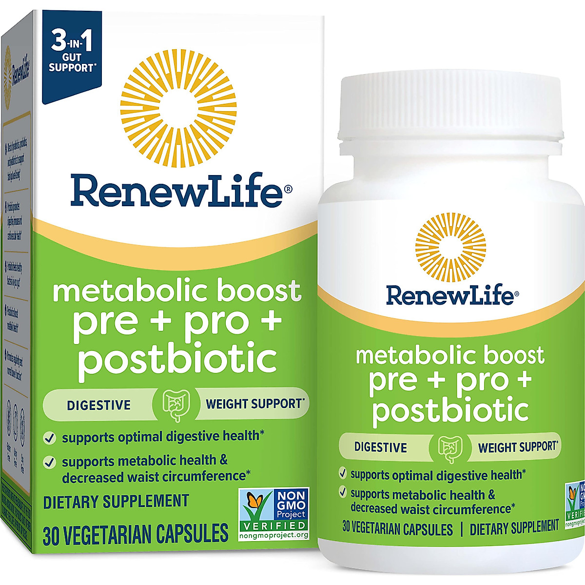 Renew Life Metabolic Boost Pre + Pro + Postbiotic; Prebiotics, Probiotics and Postbiotics Support Optimal Digestive Health and Metabolic Health; 30 Vegetarian Capsules*