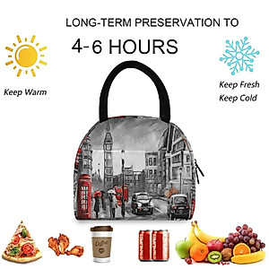 ZzWwR Stylish London Street View Big Ben Reusable Lunch Tote Bag with Front Pocket Zipper Closure Insulated Thermal Cooler Container Bag for Man Women Work Picnic Travel Beach Fishing