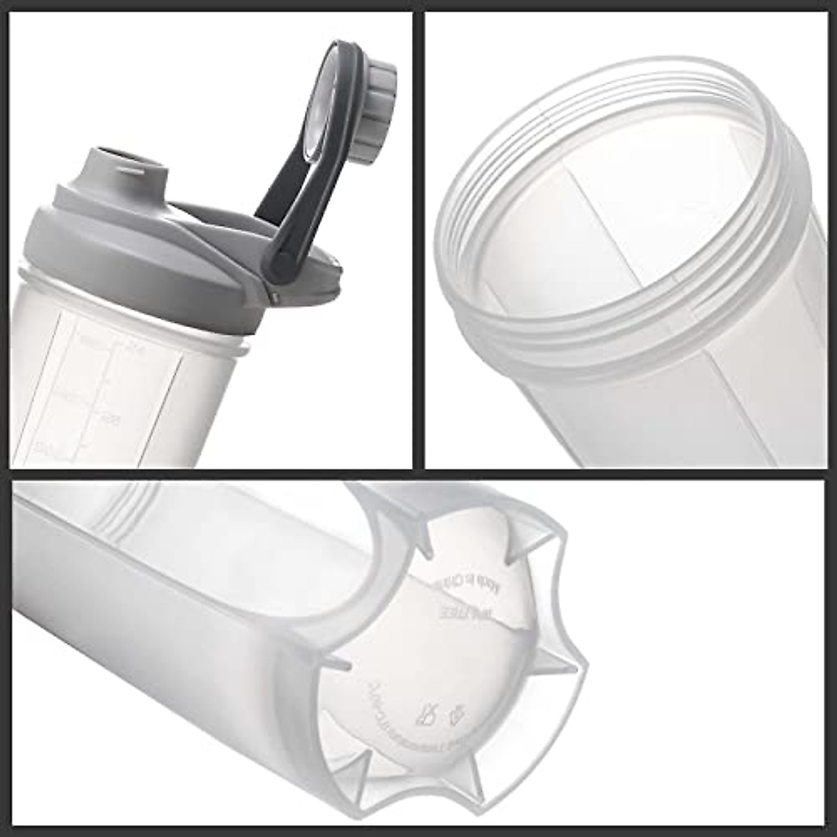 EYMPEU 2 Pack Shaker Bottle Work Out BPA & Phthalate-free, Solid Screw lid Leakproof Shaker Cup Dishwasher Safe for Protein Mixes 24oz, Clear Grey