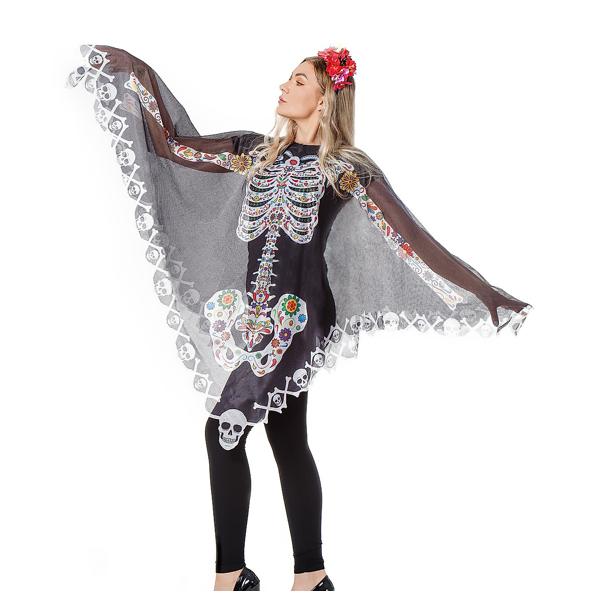 WATCPNO Halloween Skeleton Poncho for Women Day of The Dead Skeleton Costume Lace Skeleton Cape Shawl