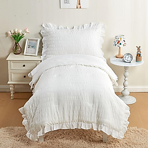 VIVILINEN Toddler Bedding Set for Girls 4-Piece White Seersucker Toddler Comforter Set Ruffle Fringe Bed-in-a-Bag Toddler Bed Sheet Set for Kids with Comforter, Flat Sheet, Fitted Sheet, Pillowcase