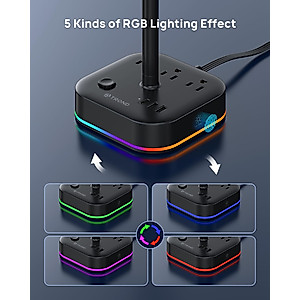 TROND Headphone Stand with USB C, Desk Gaming Headset Holder with 3 AC Outlets, 2 USB A and 1 USB C, Headset Stand with 5 RGB Light Modes, for Gaming Desk Accessories Gamer Boyfriend Gifts